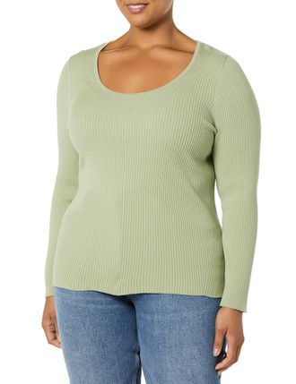Amazon Essentials Damen Feiner Stretch-Pullover mit U-Ausschnitt und langen &Auml;rmeln (in &Uuml;bergr&ouml;&szlig;e erh&auml;ltlich), Helles Salbeigr&uuml;n, XS