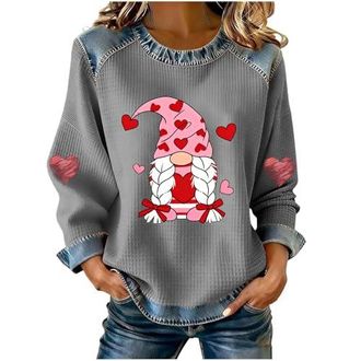 Generic Sweat-shirt de Saint-Valentin pour femme en denim vintage patchwork sweatshirts dr&ocirc;le mignon coeur gnome graphique chemise en jean gaufr&eacute; &eacute;pissure col