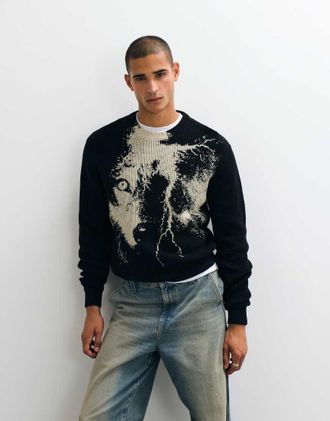 Weekday Oversize-Pullover mit Wolf-Grafik in Schwarz