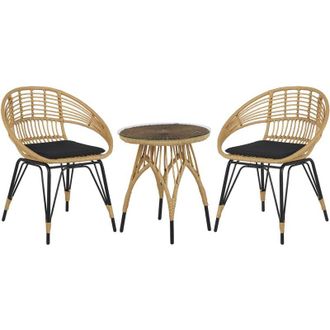 Beliani Salon de Jardin Bistrot Table Ronde et 2 Chaises en Rotin et Acier Noir pour Terrasse ou Balcon au Style Modern Boho et Scandinave Beliani