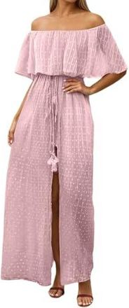 Generico Robe maxi en ligne A avec ouverture l&eacute;g&egrave;re et a&eacute;r&eacute;e Robe maxi boh&egrave;me avec ceinture Robe longue d&eacute;t&eacute; sans &eacute;paules pour femme, Ros&eacute;, X-Large