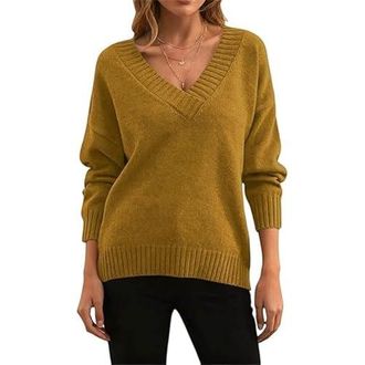 Generic Pull court court à manches longues raglan double face col en V pour femme, jaune, 5XL