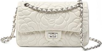 Generic Sac &agrave; bandouli&egrave;re matelass&eacute; pour femme - Sac &agrave; main en cuir vintage - Sac &agrave; bandouli&egrave;re &agrave; rabat - Broderie de fleurs imprim&eacute;es avec cha&icirc;ne, blanc, 11.