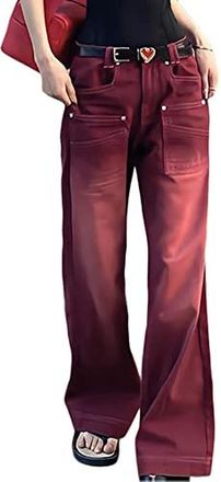 ORANDESIGNE J Rouge Y2K Jeans Taille Haute pour Femme Coupe Large Pantalon Cargo Ample Imprimé Graphique Gothique Punk foncé Streetwear Taille Unique M