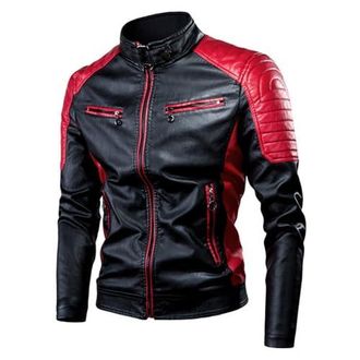 Generic Veste de moto urbaine en similicuir avec col montant pour homme, Rouge, 62