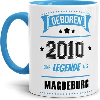 Tassendruck Geburtstags-Tasse Geboren 2010 Eine Legende aus Magdeburg Innen & Henkel Hellblau/Geschenk/mit Spruch/Mug/Cup/Becher/Qualität Made in Germany