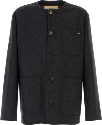 Valentino Garavani Doppel Wollmantel mit metallischem V-Detail - - Jackets - Herren - Grau - L
