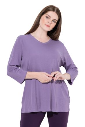 Ulla Popken Damen gro&szlig;e Gr&ouml;&szlig;en &Uuml;bergr&ouml;&szlig;en Plus Size Shirt, Rippjersey, V-Ausschnitt, 3/4-Arm, Biobaumwolle Flieder 54+ 749141824-54+