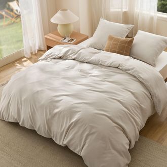 Bedsure Bettw&auml;sche 260x240 3teilig Leinen - 1 Bettbezug 260x220 cm + 2 Kissenbez&uuml;ge 65X65 cm, &Ouml;KO-TEX Bettw&auml;sche-Sets Beige Polyester Mikrofaser mit Rei&szlig;versc