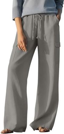 Generic Pantalon cargo en coton et lin pour femme - Pantalon d&eacute;contract&eacute; taille haute avec cordon de serrage et poches lat&eacute;rales, respirant, l&eacute;ger, coupe ampl