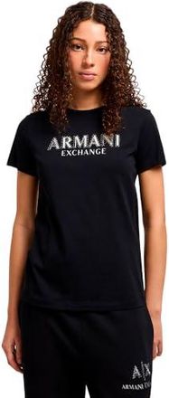 A|X Armani Exchange Crewneck Regular Fit Rhinestone and Metallic Log Otee T-Shirt, Noir, XS Femmes