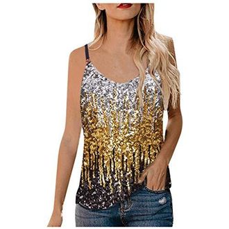 Generic D&eacute;bardeur de f&ecirc;te &agrave; paillettes pour femme - D&eacute;contract&eacute; - Col rond brillant - Sans manches - Chemises basiques avec strass - Coupe ample - Y2K Sparkle