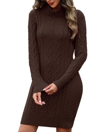 Heekpek Strickkleid Damen Herbst Winter Rollkragen Pulloverkleid Langarm Strickkleider Elegant Bodycon Kleid Zopfmuster Warme Winterkleider, Kaffee, XL