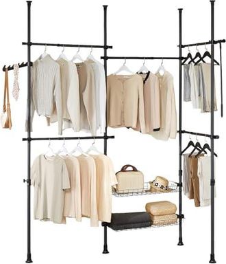SoBuy Portant à vêtements télescopique solide - Penderie ouverte réglable avec tringles et étagères, Porte manteau pour chambre/dressing, Noir KLS04-II-SCH