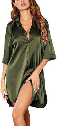 Ekouaer Chemise de Nuit Femme Ete 3/4 Manches Longues Ete Satin Grande Taille Sexy Chic Courte Vêtements de Nuit Femme, Vert Militaire, XL