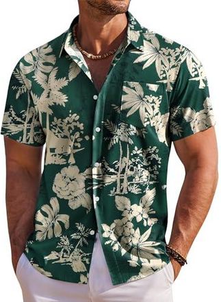 Coofandy Chemise Hawaienne à Manches Courtes pour Homme Hawaii Holiday Shirts Chemise dété Chemises Décontractées de Plage Vert/Palmier XXL