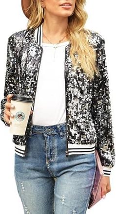 Generic Veste courte &agrave; paillettes pour femme - Ouvert sur le devant, manches longues et fermeture &eacute;clair - Manteaux d&eacute;contract&eacute;s &agrave; paillettes, v&ecirc;tements dext&eacute;