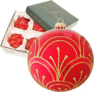Krebs Glas Lauscha Weihnachtsdekoration/Christbaumschmuck aus Glas - Weihnachtskugeln - Motiv: Rote Kugel mit goldenen Linien - Gr&ouml;&szlig;e: 4 mal 10cm
