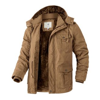 WenVen Herren Fleece Futter Parka Gefüttert Kapuze Jacke Gepolstert Puffer Jacke Klassisch Militär Jacke Kahki XL
