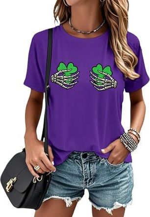 Generic T-shirts pour la Saint-Patrick pour femmes - Tr&egrave;fle squelette - T-shirts d&eacute;contract&eacute;s &agrave; col rond pour l&eacute;t&eacute; - pour les voyages, violet fonc&eacute;, XXL