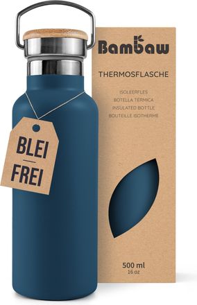 Bambaw Thermoflasche 500 ml, Trinkflasche Blau, Edelstahl Trinkflasche, Thermoflasche Kinder 500ml, Metall Wasserflasche - Azurblau
