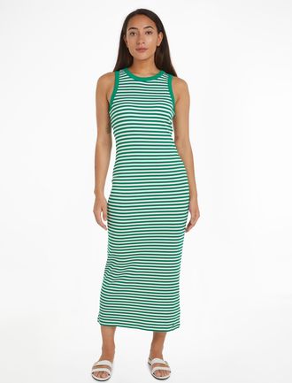 Tommy Hilfiger Damen Slim 5X2 STR Rib MIDI Dress NS WW0WW41996 Figurbetontes Kleid, Wei&szlig; (Mini STP Olympic Green/White), M, Wei&szlig; (Mini STP Olympic Green/White), Medi