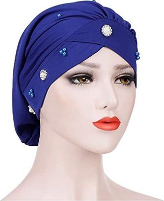 Generic Turban musulman pour femme avec perles - Chapeau hijab tresse turban - Cancer - Chimo - Bandana 2024, bleu, taille unique