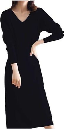 Generic Robe Longue en Laine à Col en V pour Femme - Style Français - Superposée pour lHiver - Confortable, Chaude et Décontractée - à Paillettes - Costume, N