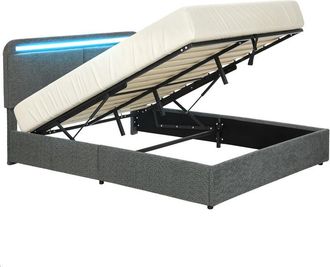 HOMCOM Lit coffre - HOMCOM - 140 x 190 cm - &eacute;clairage LED, t&ecirc;te de lit r&eacute;glable, sommier &agrave; lattes en bois - polaire Teddy - gris