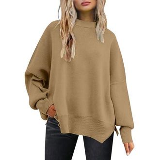 Generic Uwdiohq Pull À Col Rond Fendu pour Femme Couleur Unie, Décontracté, Ample, Tricoté Plaid Polaire (Khaki, L) Pulls Sweater Cachemire Long Automne en La