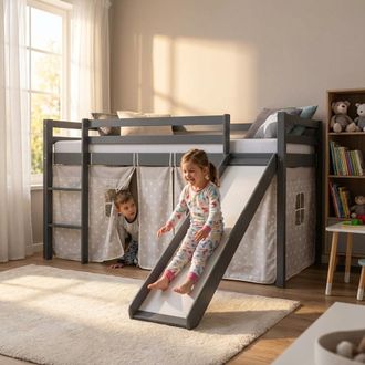 Homestyle4u Kinderbett Hochbett 90x200 Grau mit Rutsche & Leiter, Kinderhochbett stabil aus Massivholz Kiefer, Vorhang mit Sternen, Etagenbett Kinderzimmer | Arti