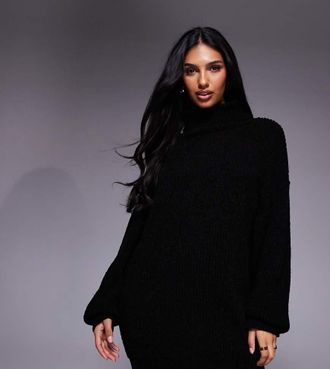 KAIIA Exklusives, lockeres Pulloverkleid aus Rippstrick in Schwarz mit Rollkragen-Grau