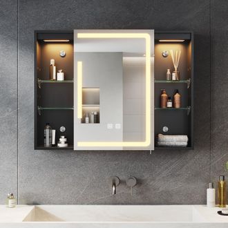 Sonni Spiegelschrank Bad mit Beleuchtung und Lagerung 80 * 60 cm, LED Spiegelschrank mit Steckdose, Dimmbar, 3 Einstellbare Lichtfarben Beschlagfrei Badezim