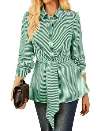 Grace Karin Chemisier ray&eacute; &agrave; manches longues pour femme avec col &agrave; revers, ceinture &agrave; la taille, boutons, haut business, vert, L