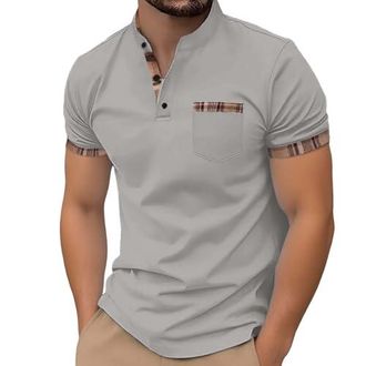 Generic Polo pour homme printemps/&eacute;t&eacute; tendance avec col montant, couleur unie, boutonni&egrave;re sur la poche de poitrine, haut confortable et respirant, gris, 3XL