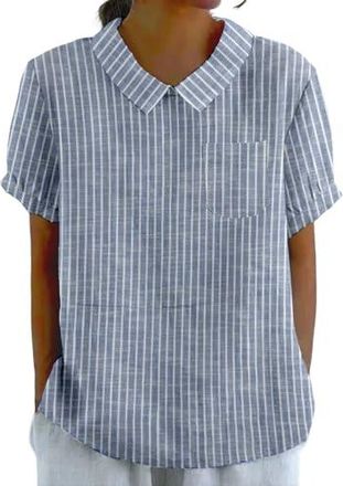 Generic Chemise boutonnée en lin pour femme, col claudine, vêtements mignons, chemisier dété décontracté à manches courtes avec poche, Z02-bleu, M