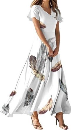 Generic Robe maxi pour femme avec motif floral - Manches courtes - Robe longue fluide - Col en V - Ligne A - Bleu - &Eacute;l&eacute;gante, Blanc., 3XL