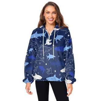 HMZXZ Sweat &agrave; capuche en polaire pour femme et fille, motif requin, &eacute;toiles, motif poisson, fermeture &eacute;clair 1/4, multicolore, L