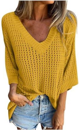 Generic Pull à manches 3/4 pour femme - Pull tricoté à col en V - Surdimensionné - Confortable - Léger - Décontracté - Solide - Tendance - Travail - Bureau - 