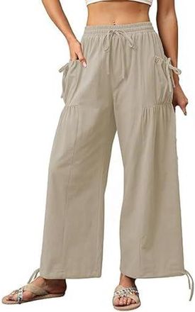 Generic Pantalon boh&egrave;me d&eacute;contract&eacute; pour femme - Jambe large - Cordon de serrage - Taille haute - Pantalon de plage avec poches, beige, XXL