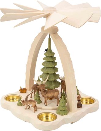 Seiffener Volkskunst Sten Heydenreich | Erzgebirge Pyramide f&uuml;r Teelichter & Pyramidenkerzen | Weihnachtspyramide | 27 cm | mit Hirschen farbig