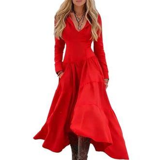Generic Robe longue pliss&eacute;e &agrave; manches longues et col en V pour femme - Printemps et automne - Cowgirl occidentale, Rouge, XXL
