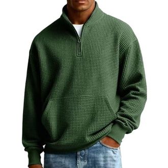 Generic Sweat-shirt gaufr&eacute; &agrave; manches longues avec fermeture &eacute;clair 1/4 pour homme, pull gaufr&eacute; d&eacute;contract&eacute; &agrave; manches longues avec poche, vert fonc&eacute;, 3XL