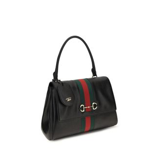 Gucci Womens Web-Stripe Leather Top Handle Bag Black Calf Bos