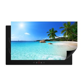 Decorwelt Herdabdeckplatte aus Kunststoff Induktionsmatte Herdabdeckmatte Abdeckung Ceranfeld Meer Palmen Blau 90x52 cm Abdeckplatte Ceranfeldabdeckung Antiruts