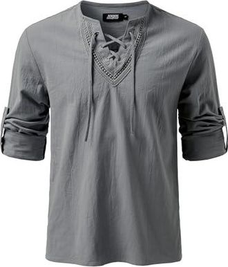 JOGAL Costume vintage Renaissance pour homme - Chemise à lacets - Manches longues - En coton - Pour les loisirs - Pour les pirates médiévaux - Viking, gris 