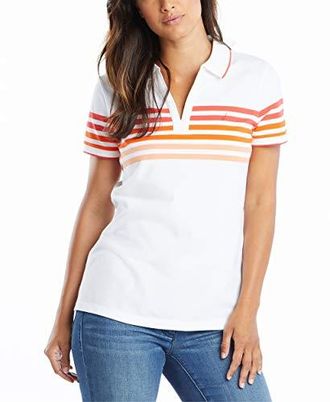 Nautica Classic Fit Striped V-Neck Collar Stretch Cotton Polo Shirt, Hibiscus, M Femme