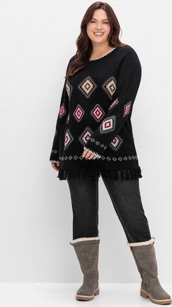 Sheego Strickpullover Rundhalspullover. mit Ethnomuster und Fransen