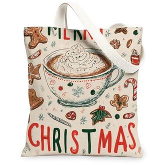 Generic Sacs fourre-tout en toile avec motif collations de No&euml;l, sacs r&eacute;utilisables, vintage l&eacute;gers et lavables avec bandouli&egrave;re pour Tr, cr&egrave;me, 13x15 Inch