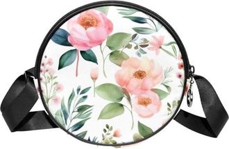 Generic Petit sac &agrave; bandouli&egrave;re circulaire pour femme, motif feuilles florales, sac &agrave; dos avec fermeture &eacute;clair, bretelles r&eacute;glables, sac &agrave; main rond d&eacute;contra